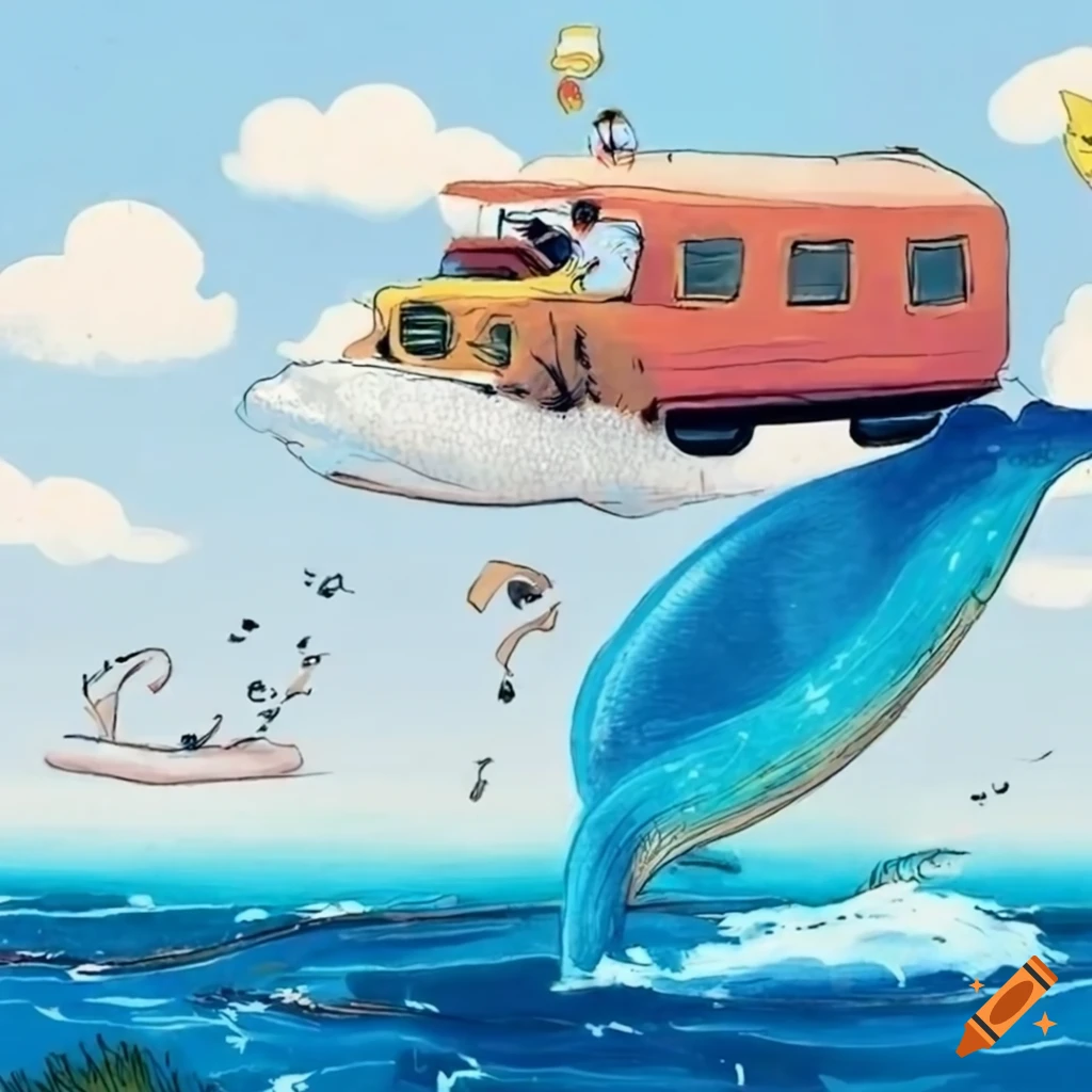 Illustration of a man driving on a whale road on Craiyon