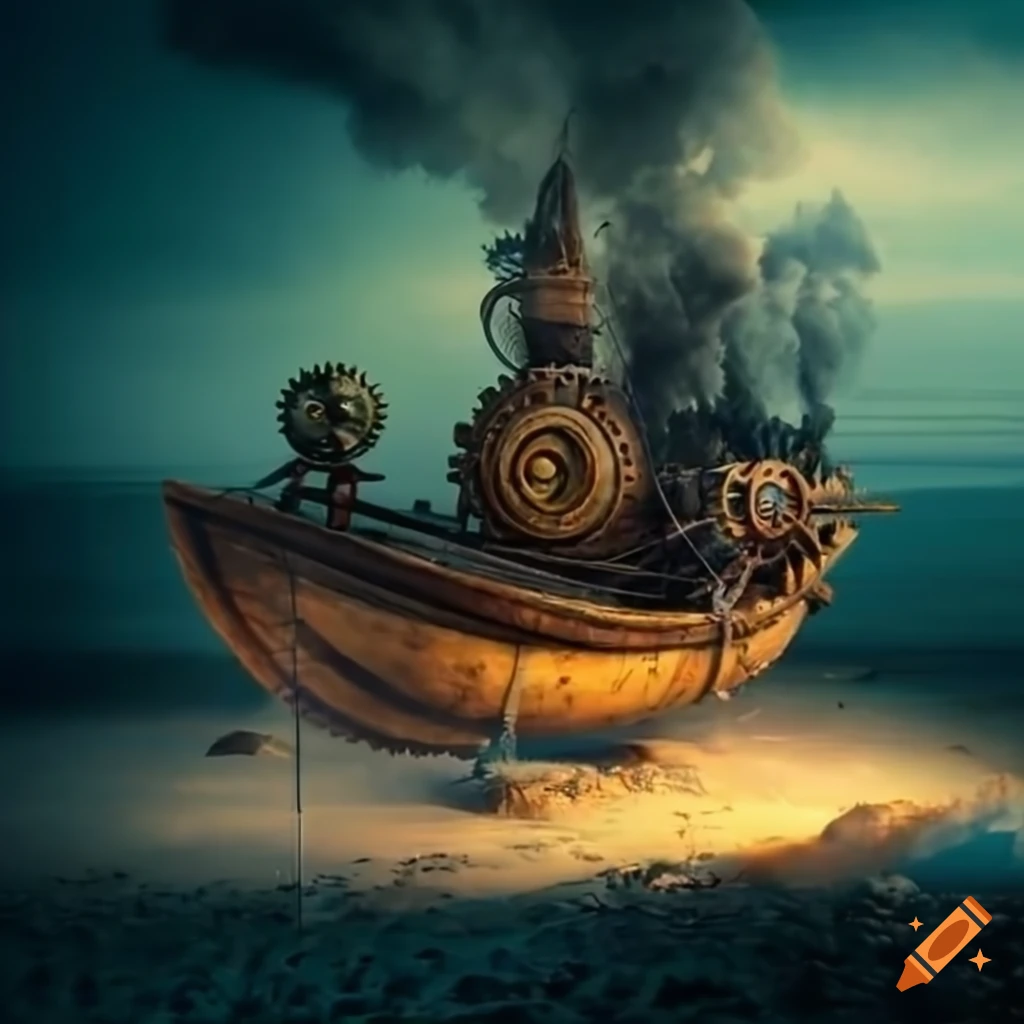 Surrealist steampunk artwork with ghostly boats and smoky trees on Craiyon