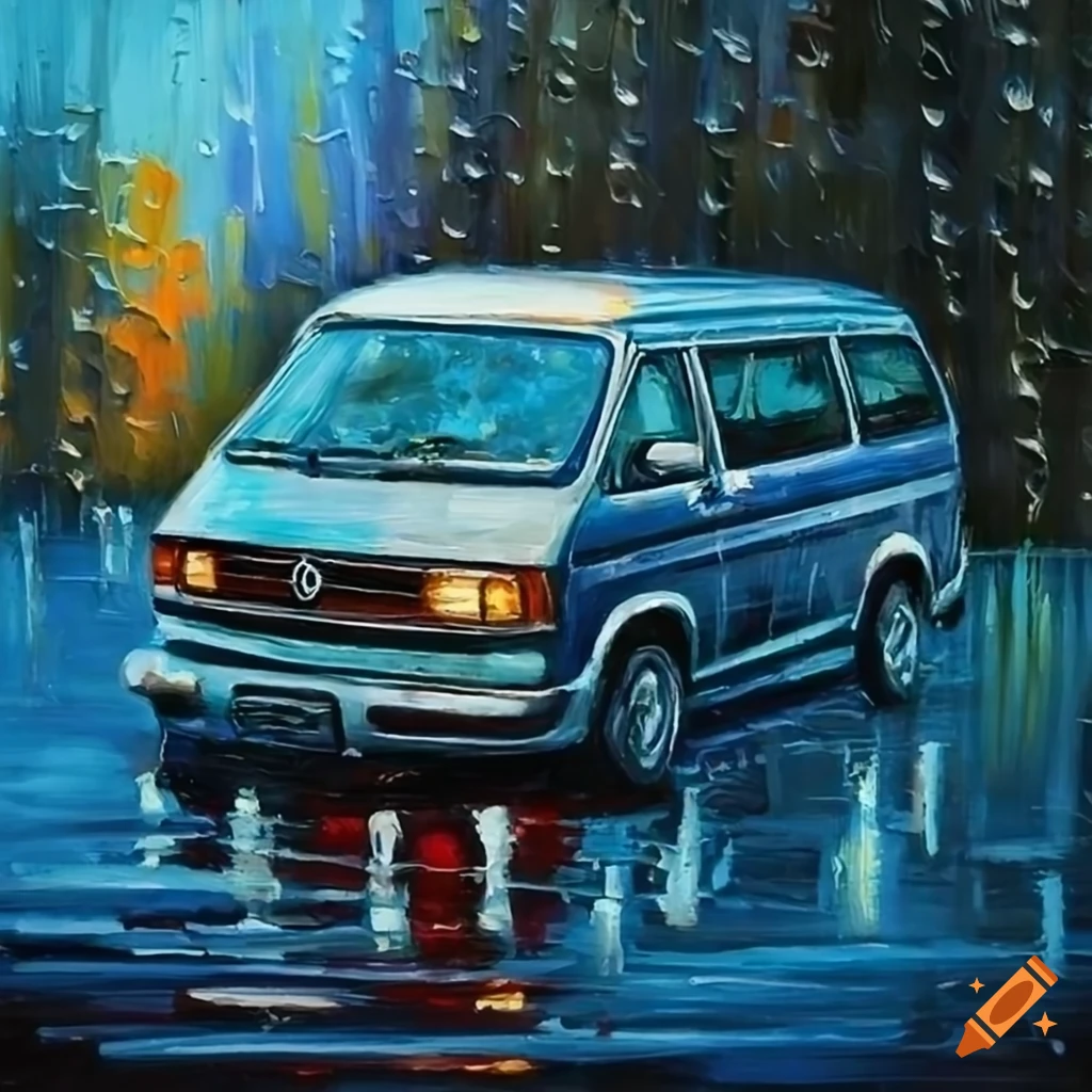 Painting of a vw-t4 in a summer night rain