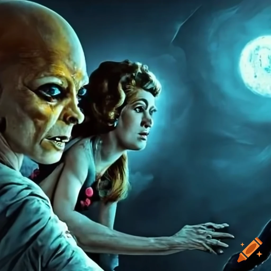 Illustration of Betty and Barney Hill aliens abduction on Craiyon