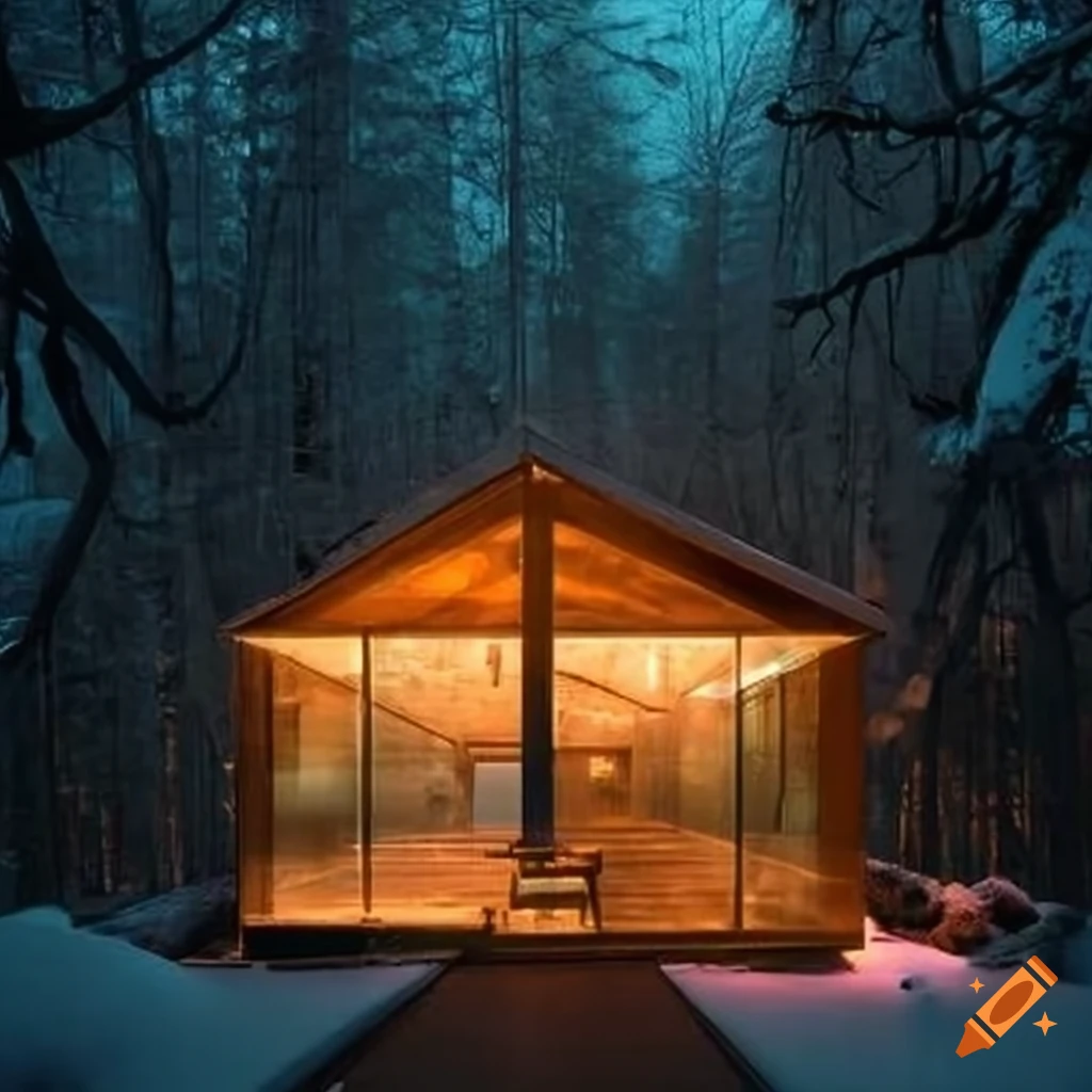 Glass cabin in the woods