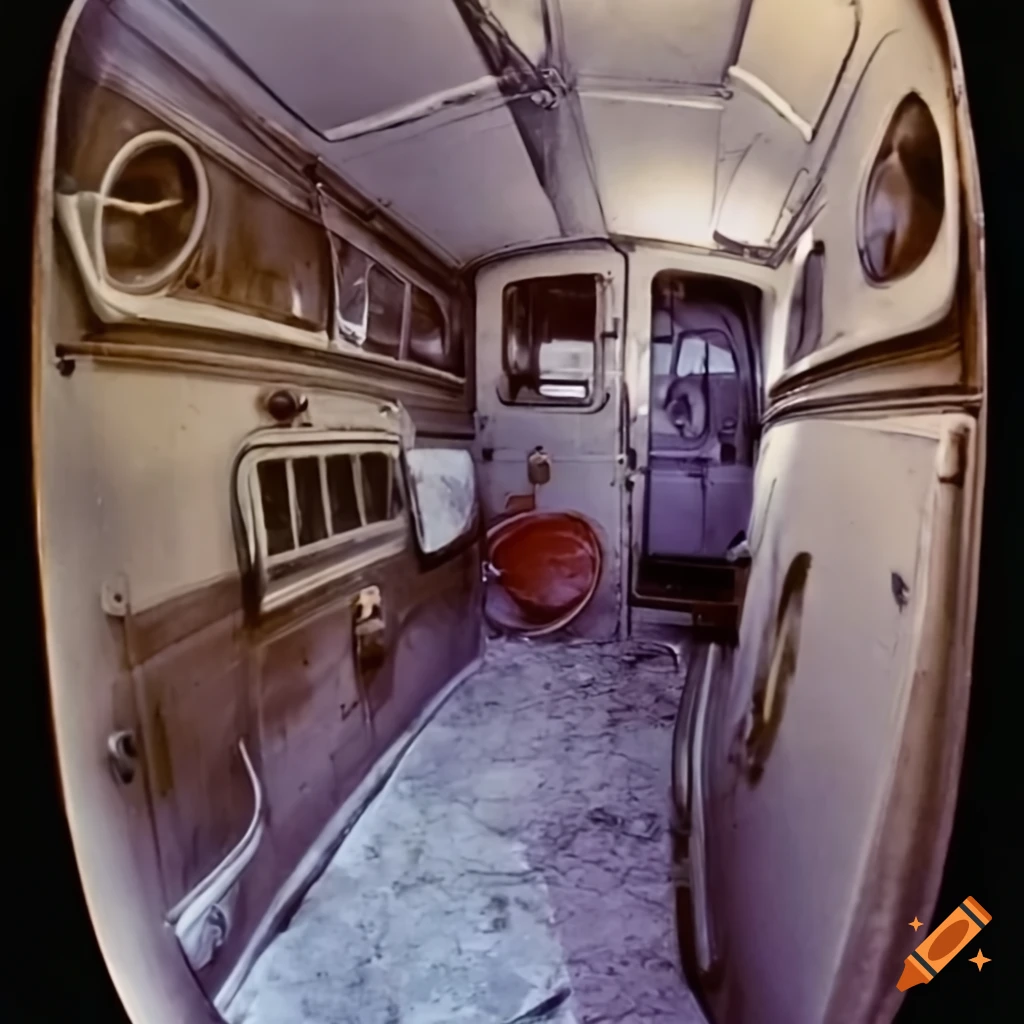 Fisheye view of a 1940s ambulance interior
