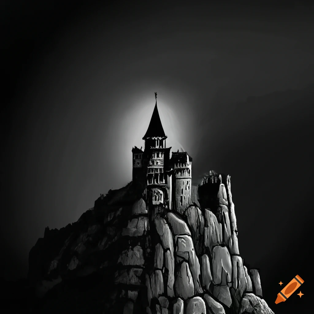 Vampire castle on a rocky cliff under the full moon