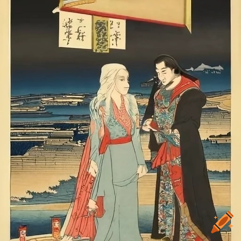 Traditional Japanese ukiyo-e art featuring Daenerys Targaryen and Jon Snow on Craiyon