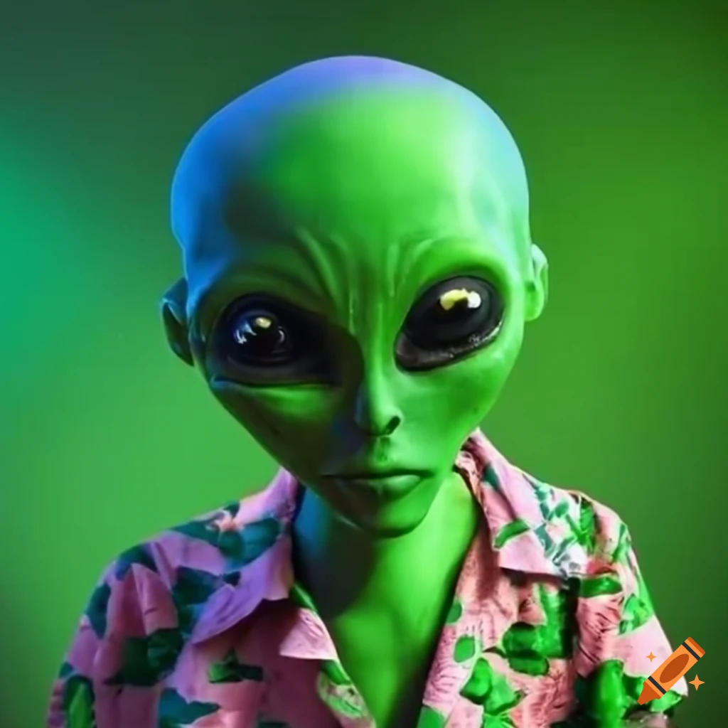 Funny green alien wearing a hawaiian shirt on Craiyon