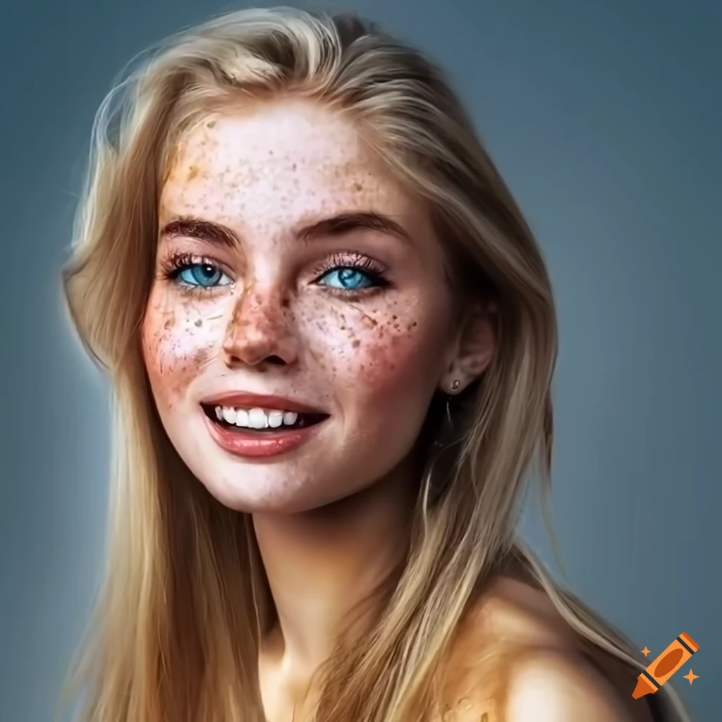 Portrait Of A Beautiful Young Woman With Freckles And Blonde Hair On