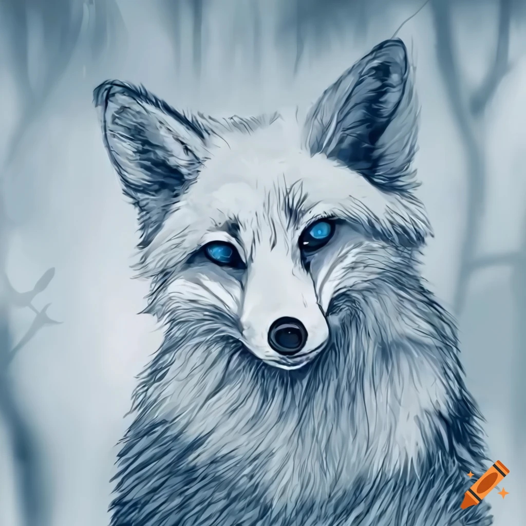 Fox with white fur and blue eyes in the snow
