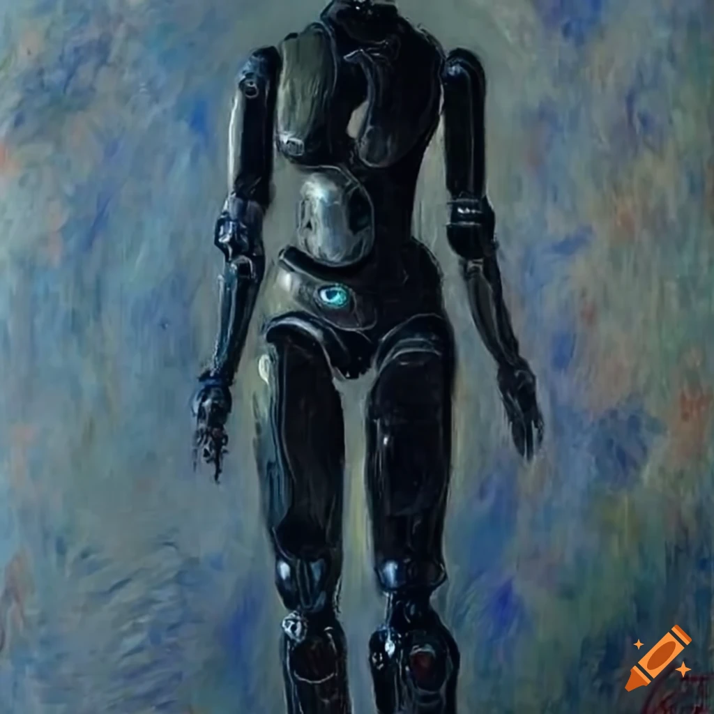 Monet-inspired painting of a female robot