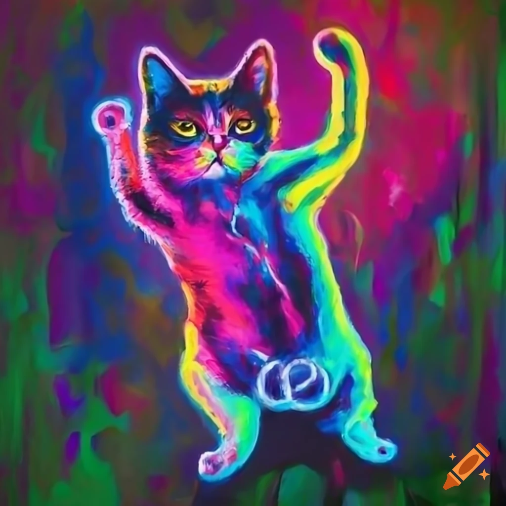 Neon painting of cats dancing at a colorful rave