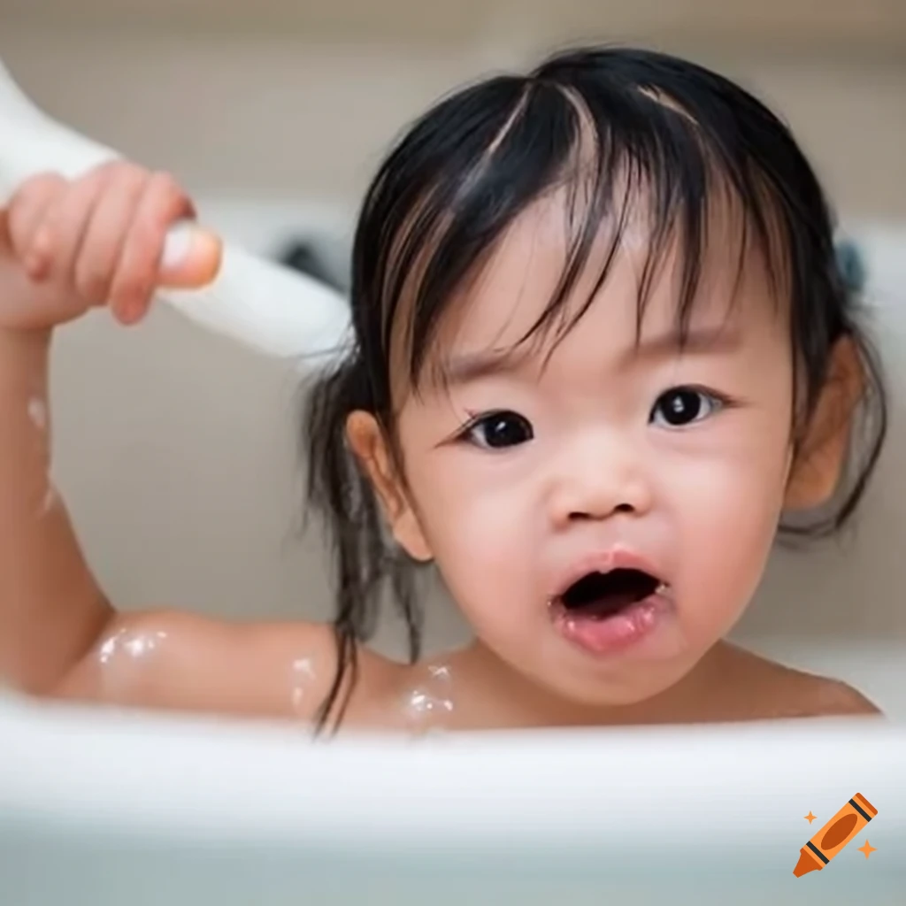 Adorable Asian toddler girl enjoying bath time on Craiyon