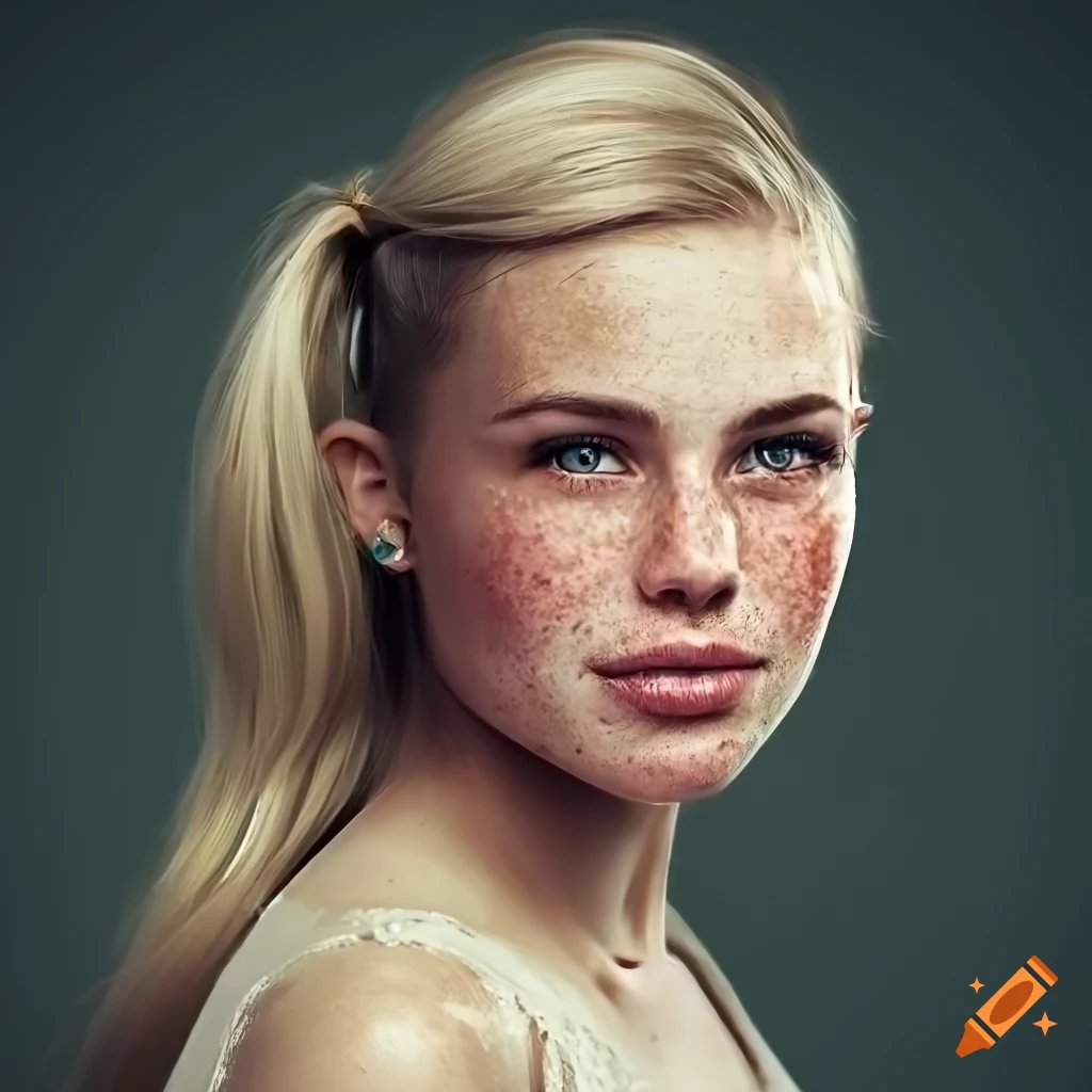 Portrait of a beautiful young woman with freckles and blonde hair on ...