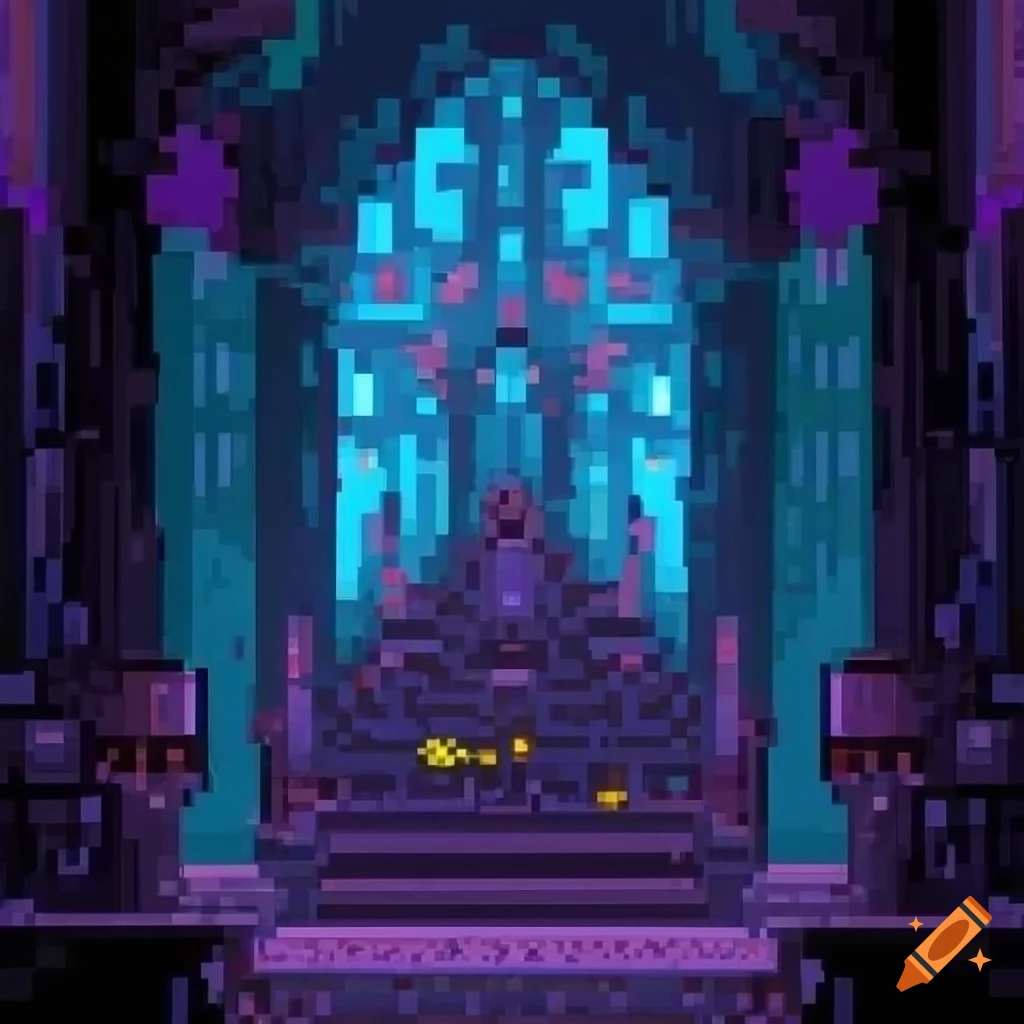 Pixel art concept of a cyberpunk castle interior on Craiyon