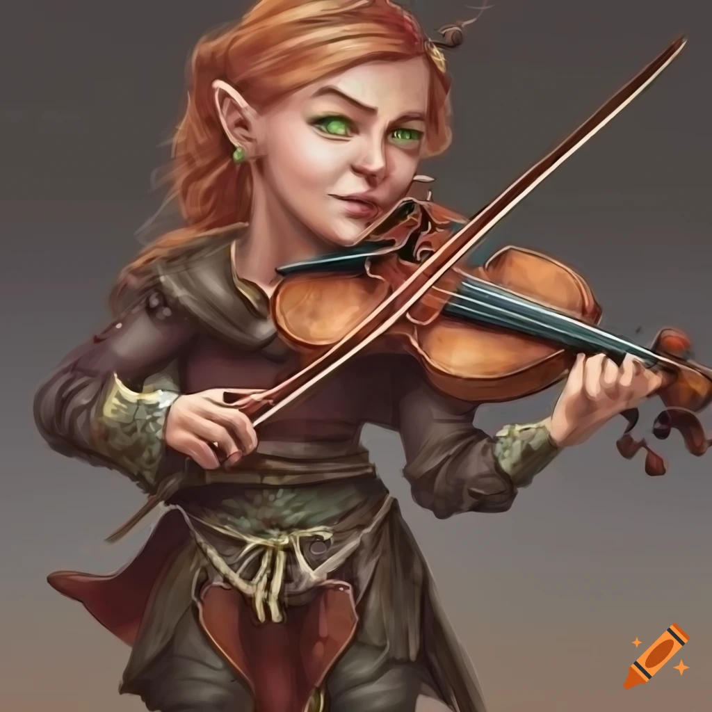 Female halfling bard playing the violin on Craiyon