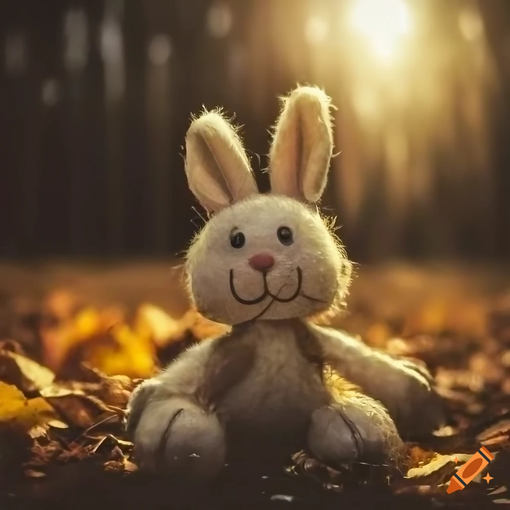Photograph of a worn-out toy bunny in a wet field at night