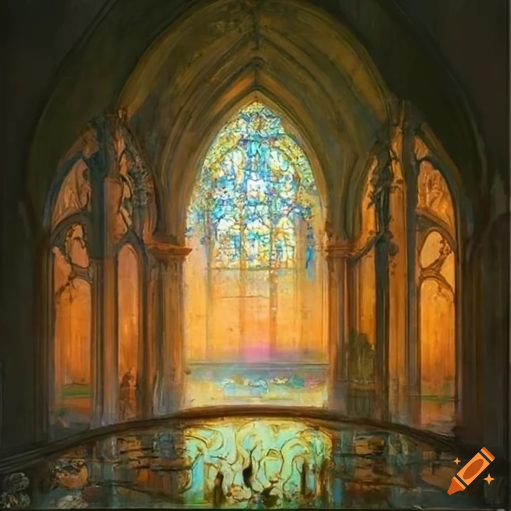 A mystic cathedral filled with crystals, pond, lush vegetation, portal ...