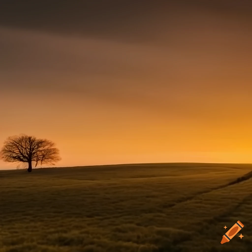 Sunset over a field with a lone tree in the distance
