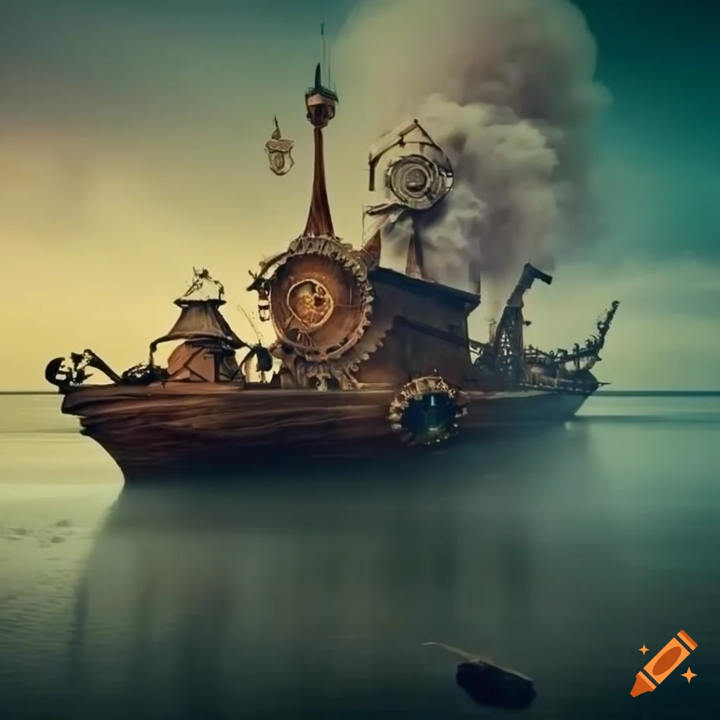 Surreal steampunk artwork with strange machines and ghostly atmosphere ...