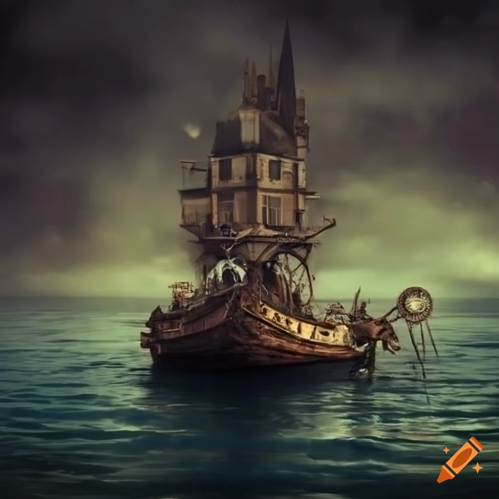 Surreal steampunk artwork with a strange boat and ghostly beach on Craiyon