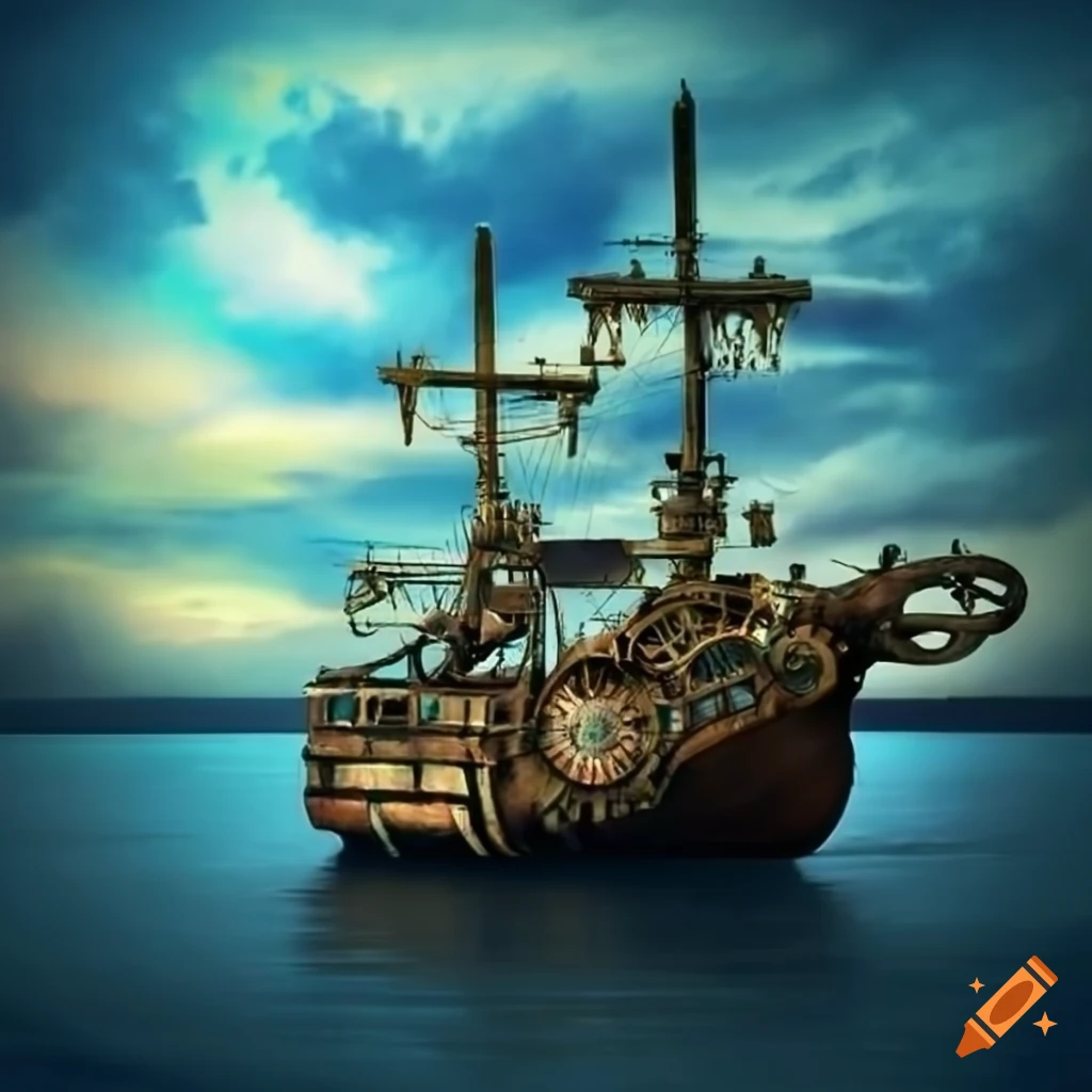 Surreal steampunk boat near a dreamy seascape on Craiyon