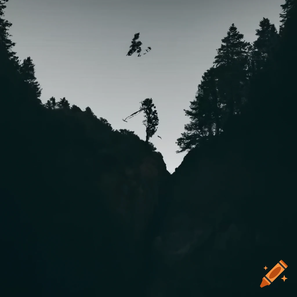 Car flying off cliff in dark pine forest on Craiyon