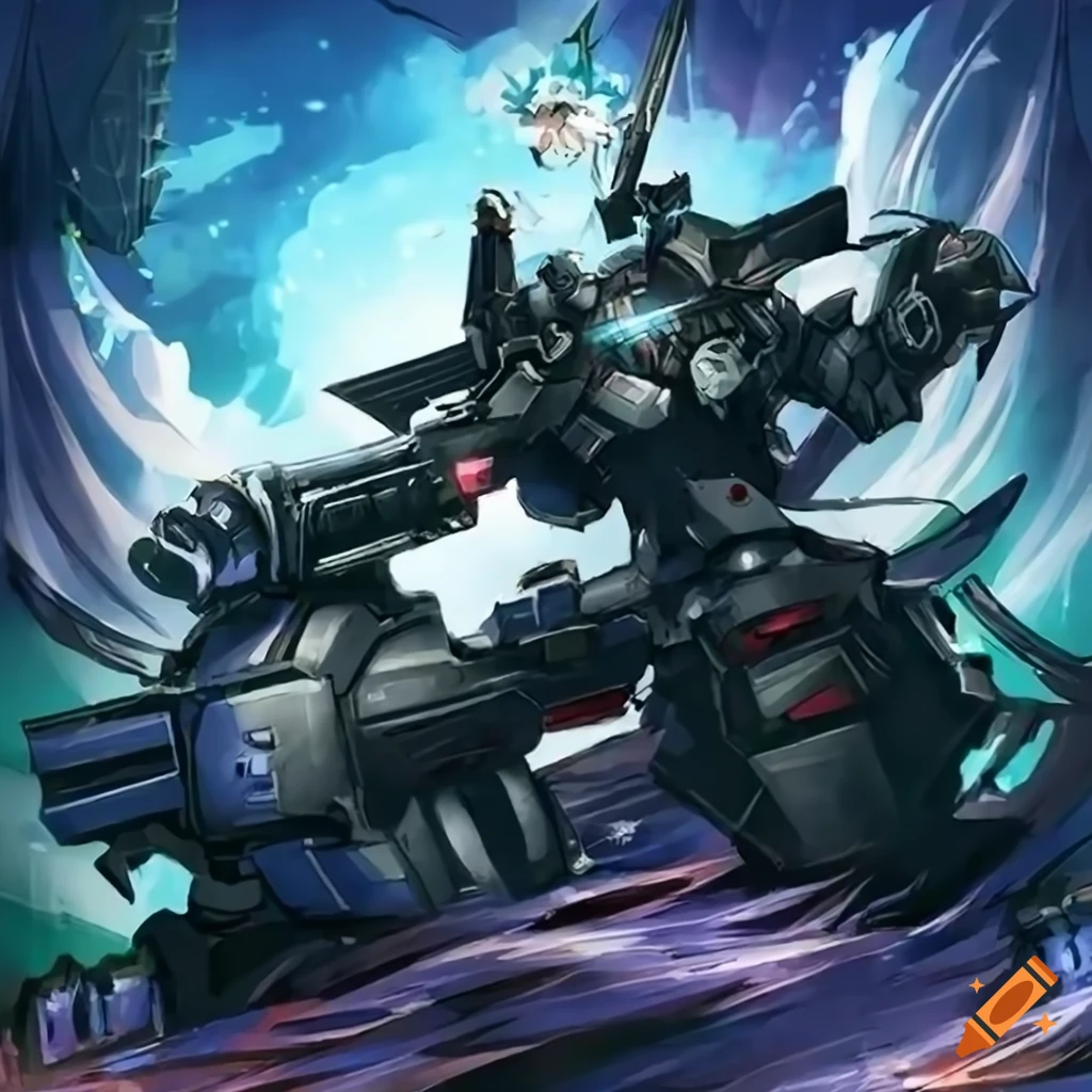 Fantasy anime art of a machine warrior with guns