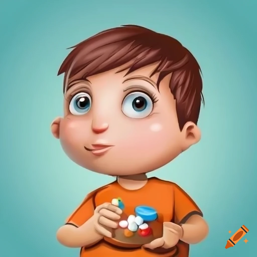Cartoon of a boy taking pills on Craiyon