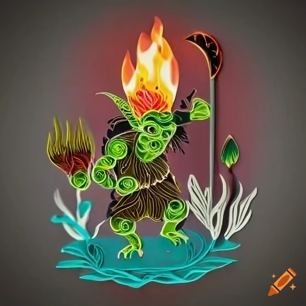 Quilled paper art of a swamp goblin with a torch on Craiyon