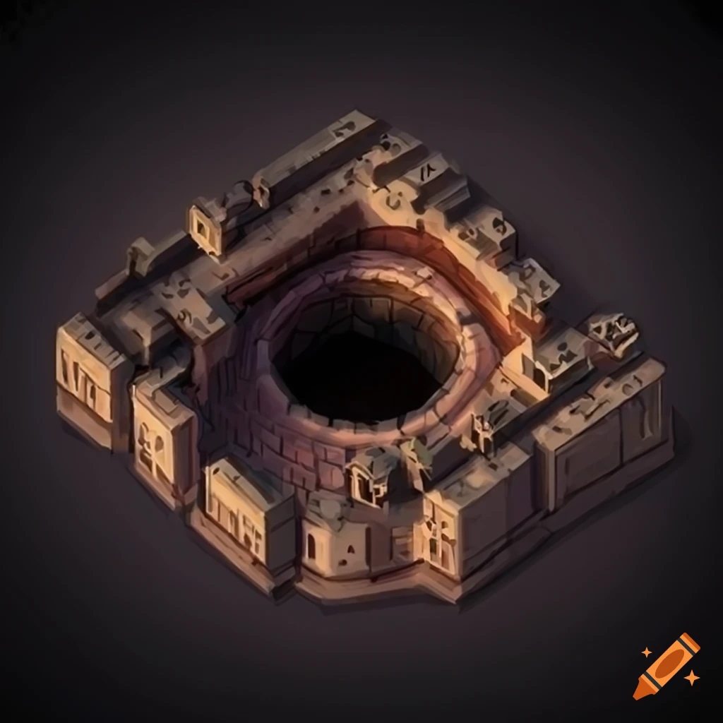 Isometric view of a square platform with broken pillars on Craiyon