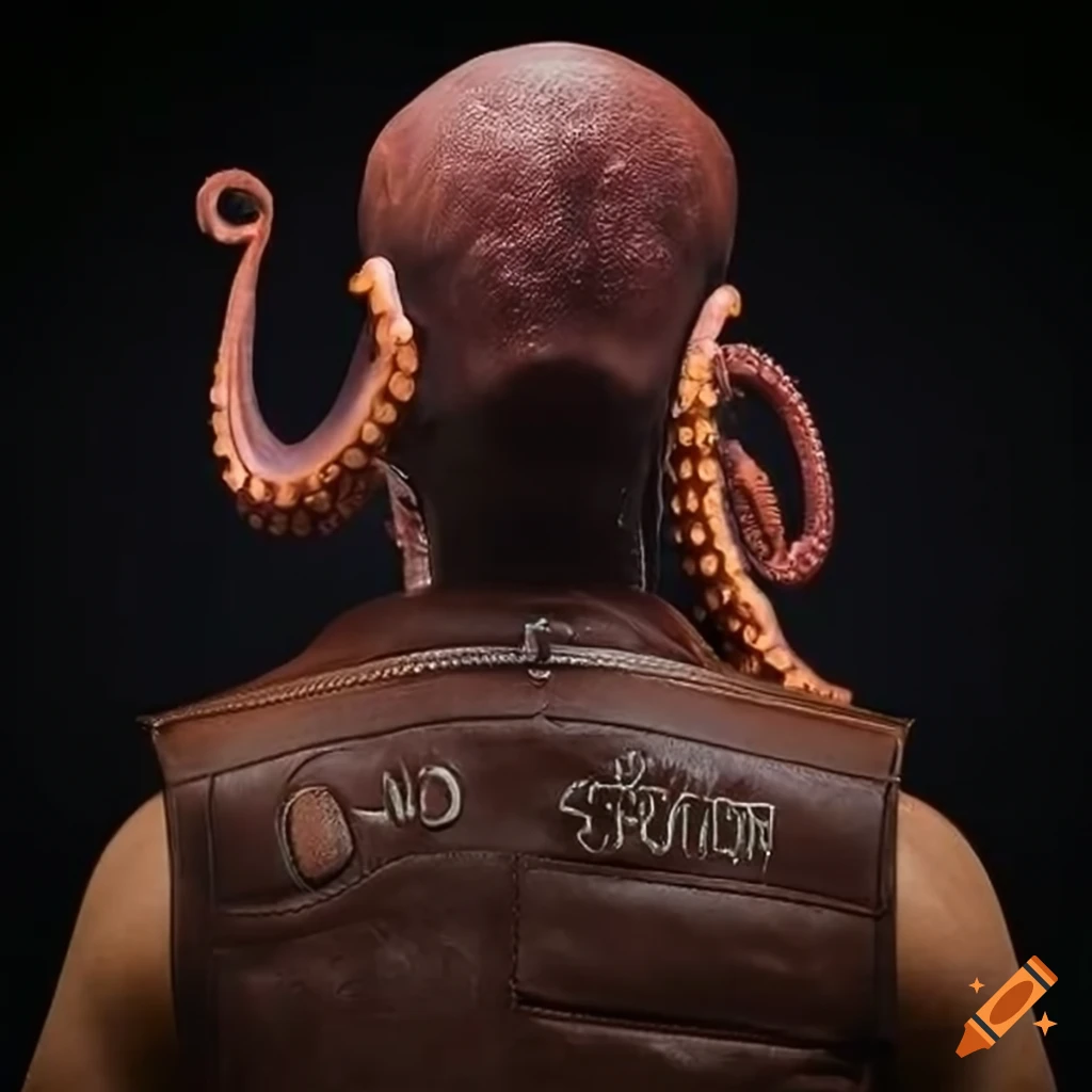 Humorous octopus in a leather vest drinking wine on Craiyon