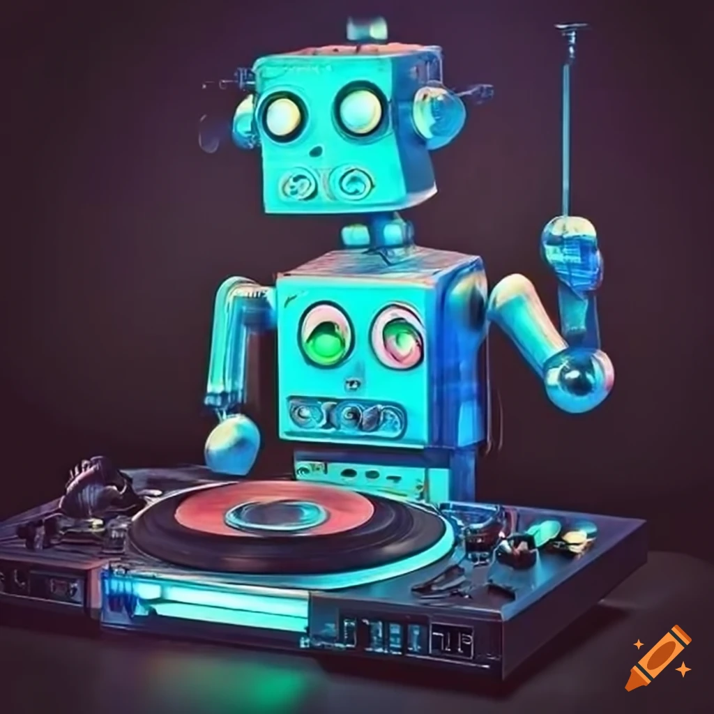 Retro robot behind a glowing dj table on Craiyon