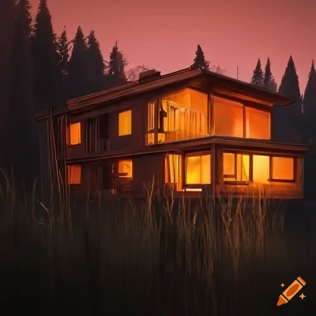 A cozy dacha house at night with warm orange light