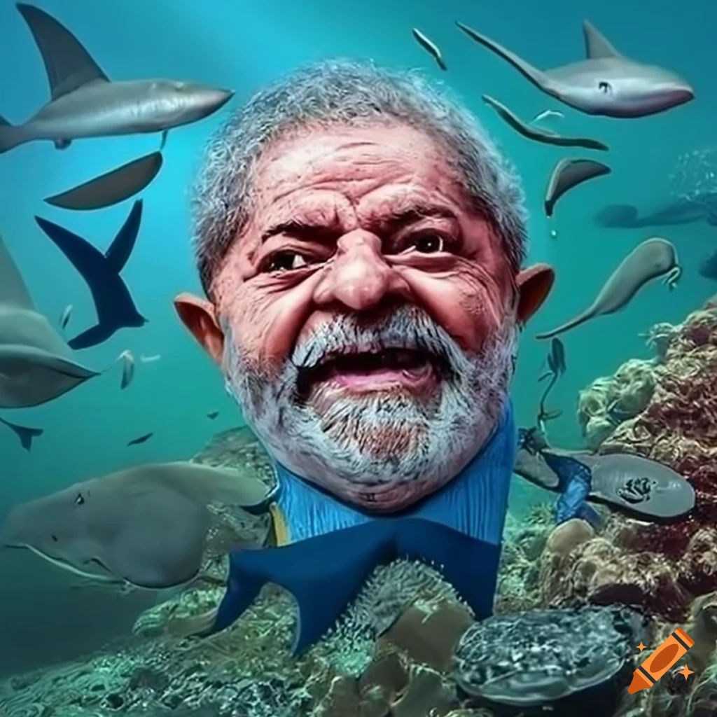 Satirical image of President Lula swimming with sharks on Craiyon