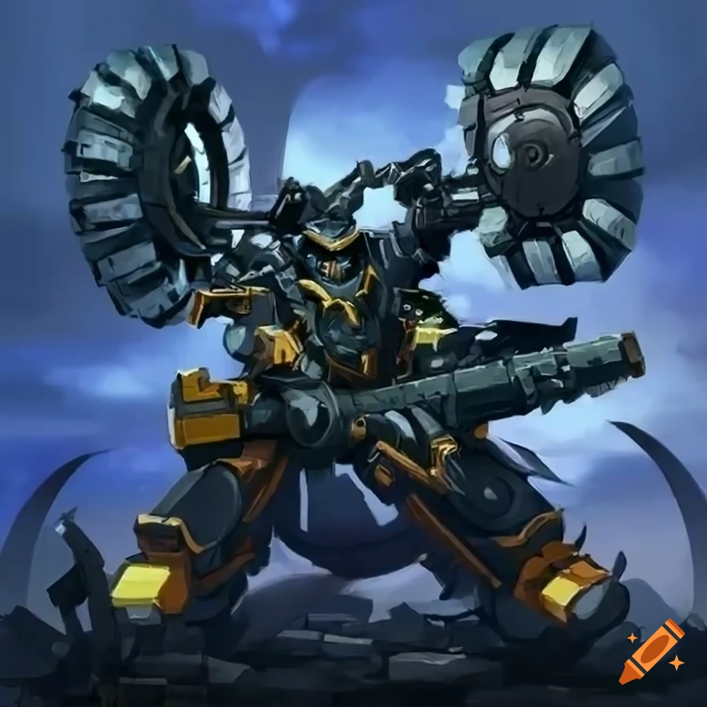 Fantasy anime art of a machine warrior with guns