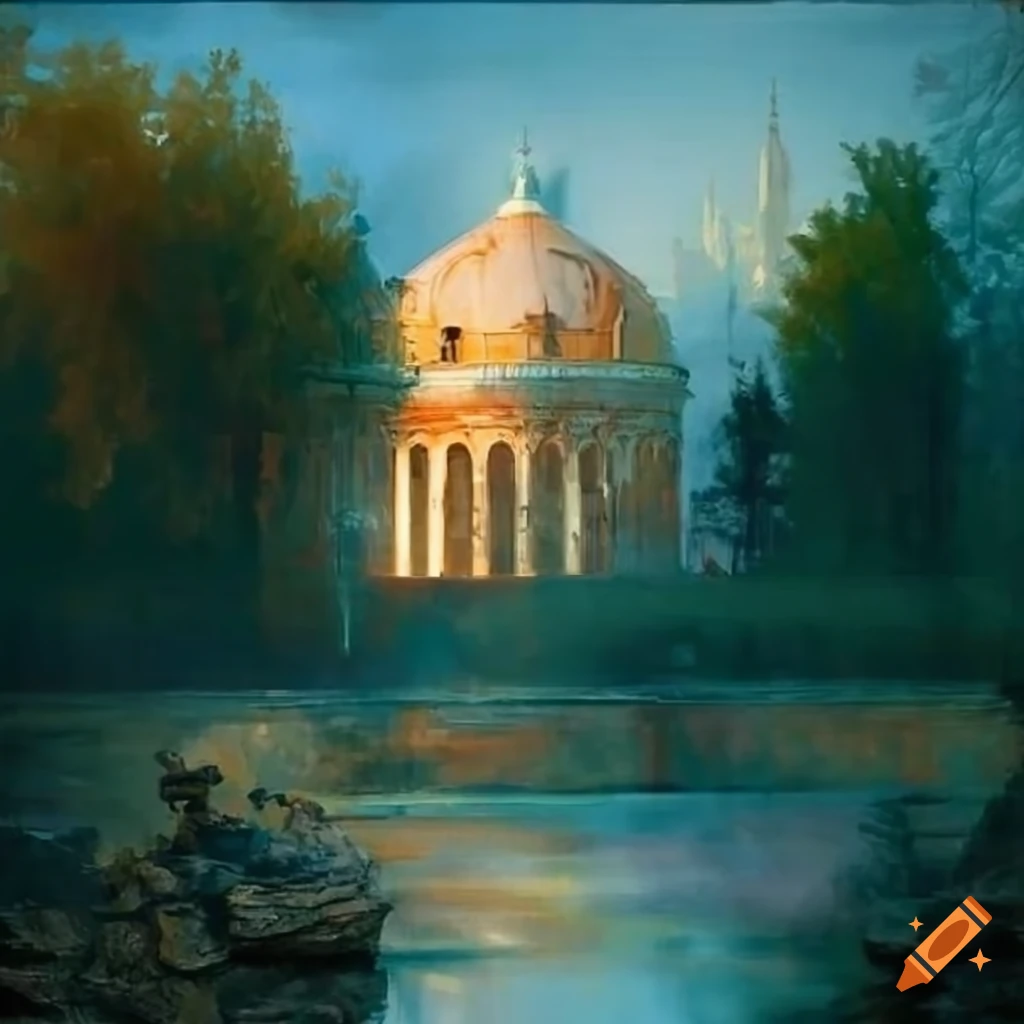 Neoclassical landscape painting with building on stairs and sky on Craiyon