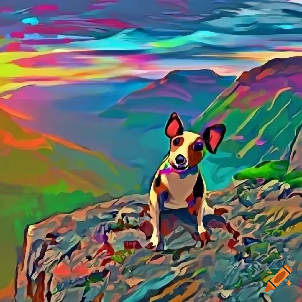 Rat terrier dog overlooking river valley at sunrise on Craiyon