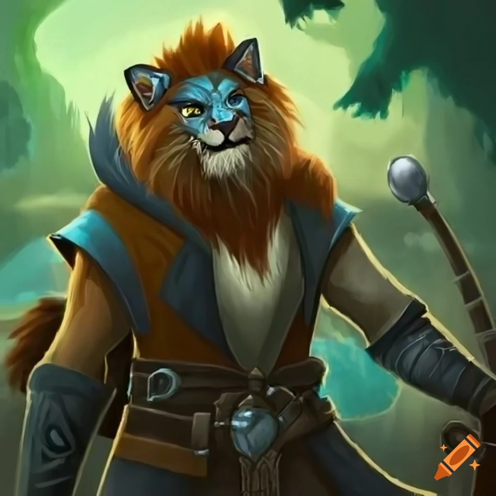 Illustration of a lion tabaxi cleric with a staff on Craiyon