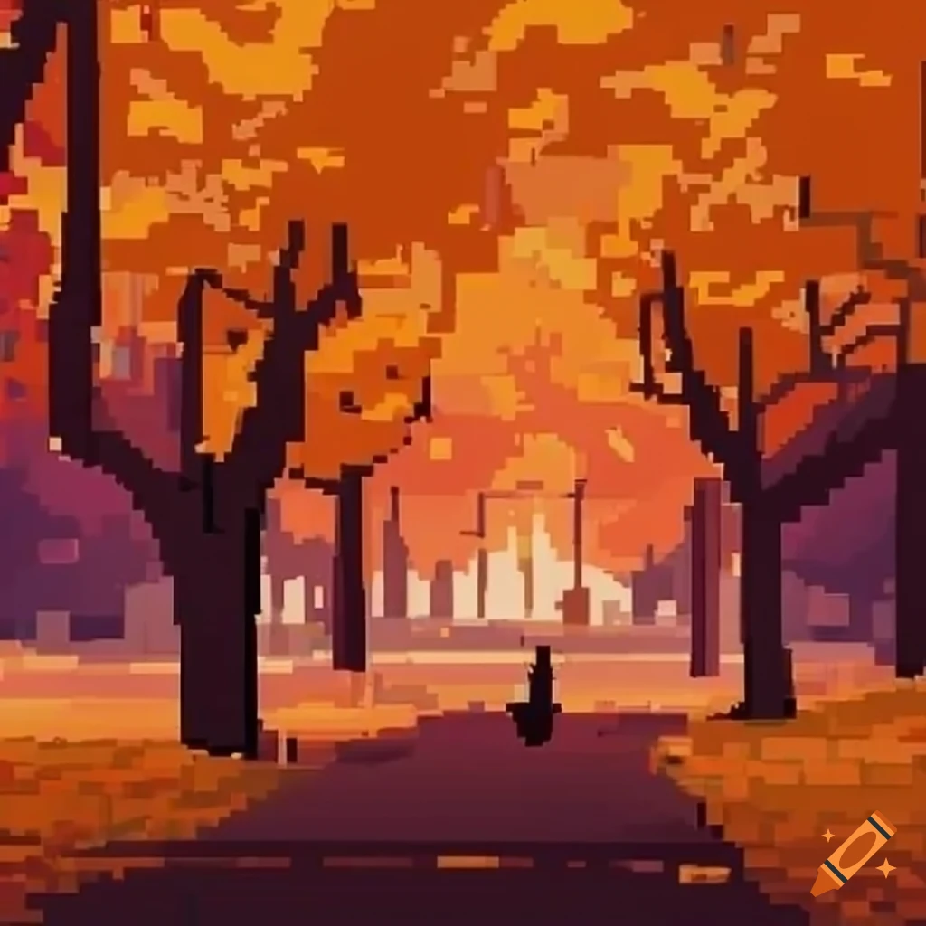 Lofi pixel art of an autumn street scene on Craiyon