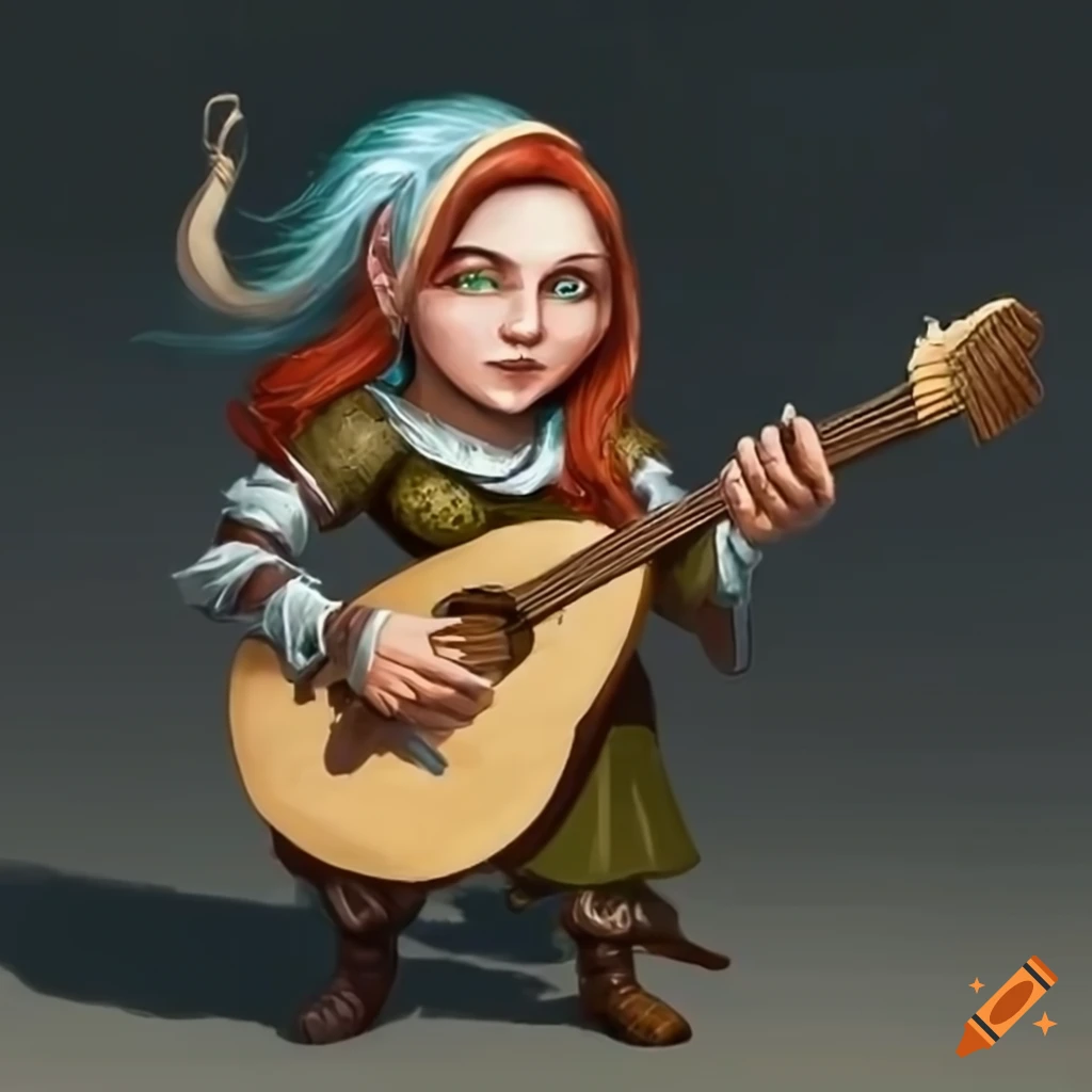 Image of a female gnome bard playing a lute on Craiyon