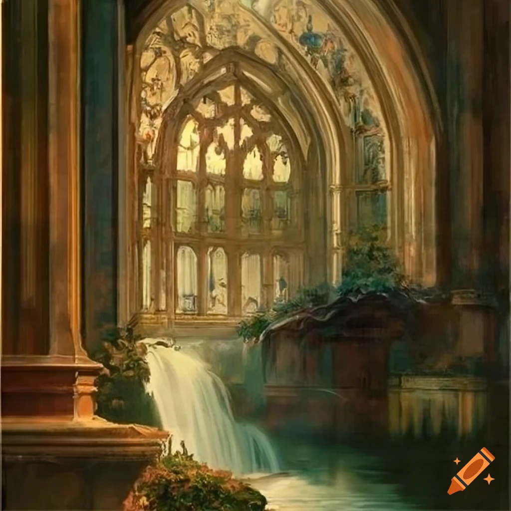 Painting of a victorian garden overlooking a pond and a rococo ...