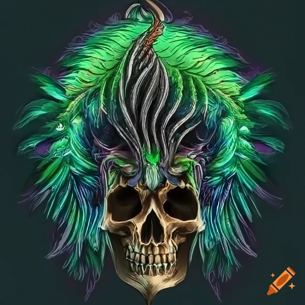 Image of a black and green phoenix with a skull head on Craiyon