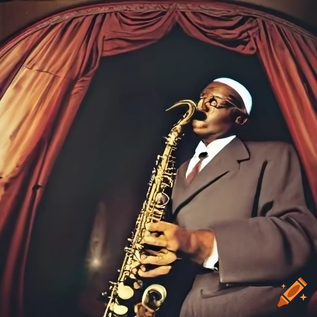 Photograph of a black jazz saxophonist on stage on Craiyon