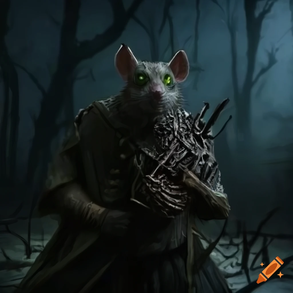 Illustration of an evil rat person soldier in a night swamp on Craiyon