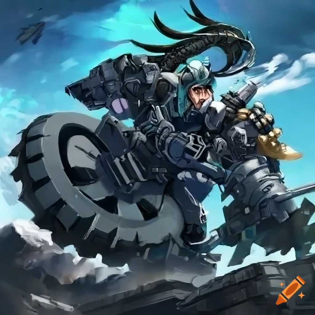 Anime artwork of a machine warrior with guns