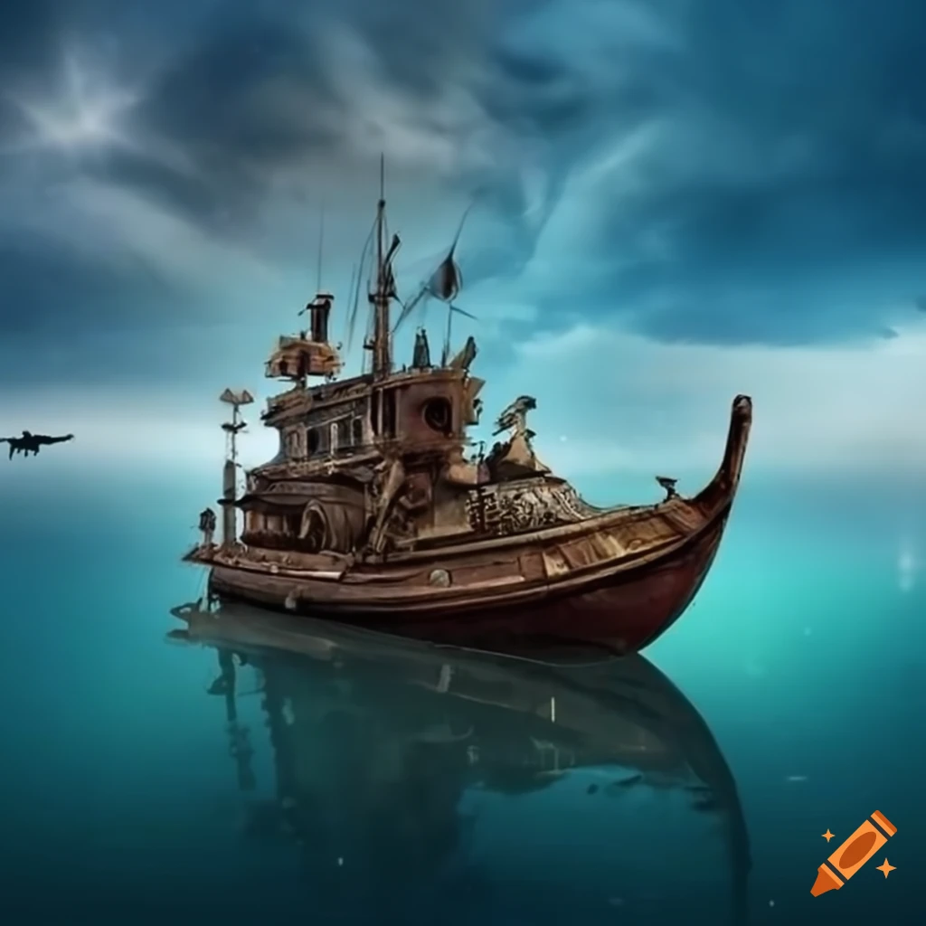Surreal steampunk boat near the sea on Craiyon