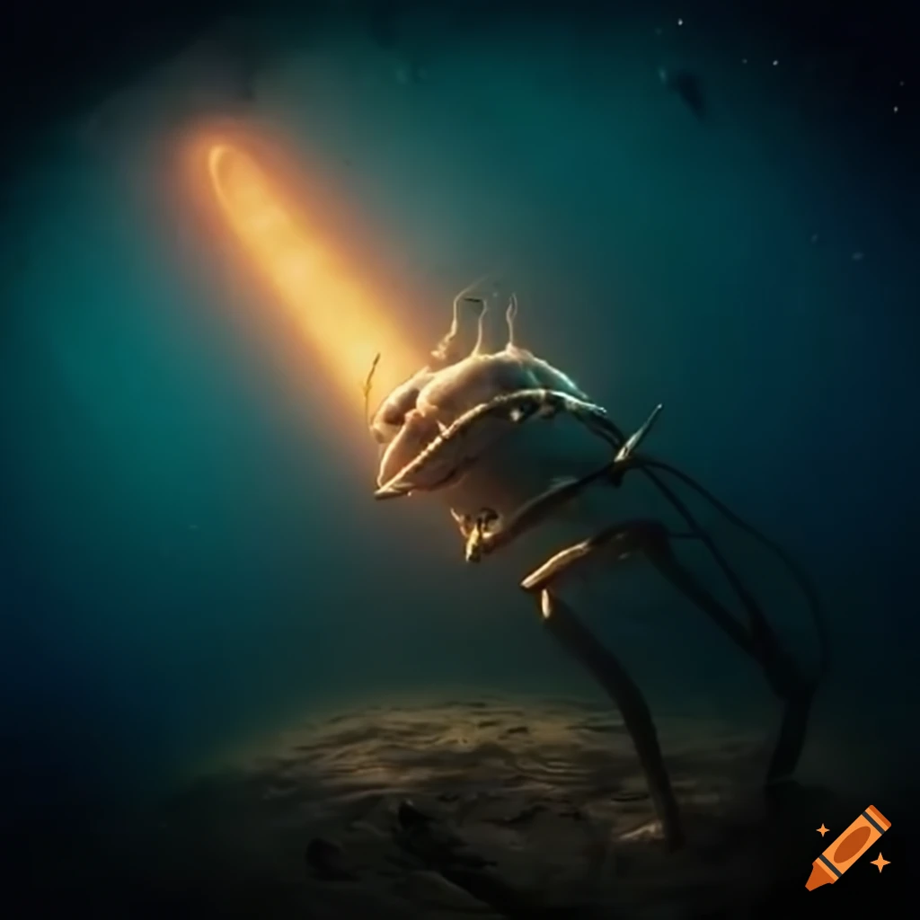 Sci-fi illustration of a partially submerged robot in the ocean floor ...