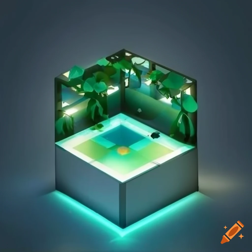 Isometric room cube with water garden and indirect lighting on Craiyon