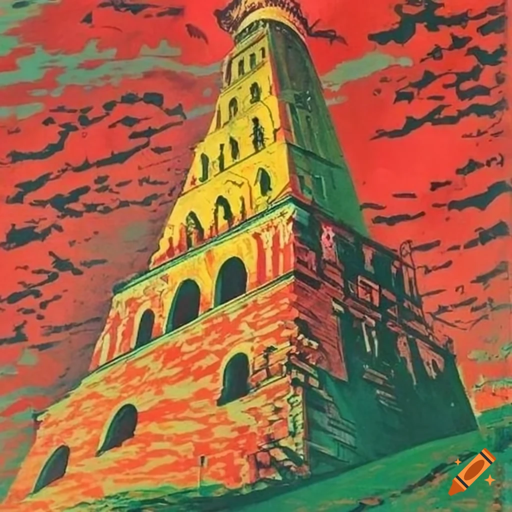 Soviet era propaganda style postcard of the gediminas tower in blue ...