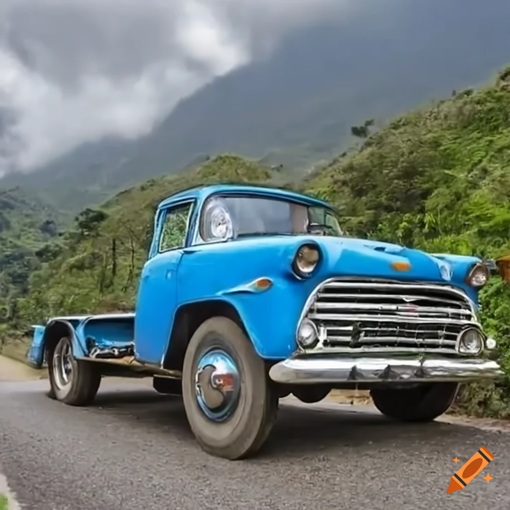 Blue 1957 Ford P350 driving through mountain highway on Craiyon