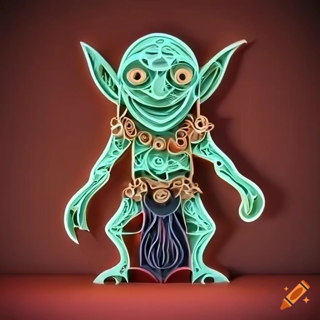 Paper sculpture of a quilled cave goblin chieftain on Craiyon