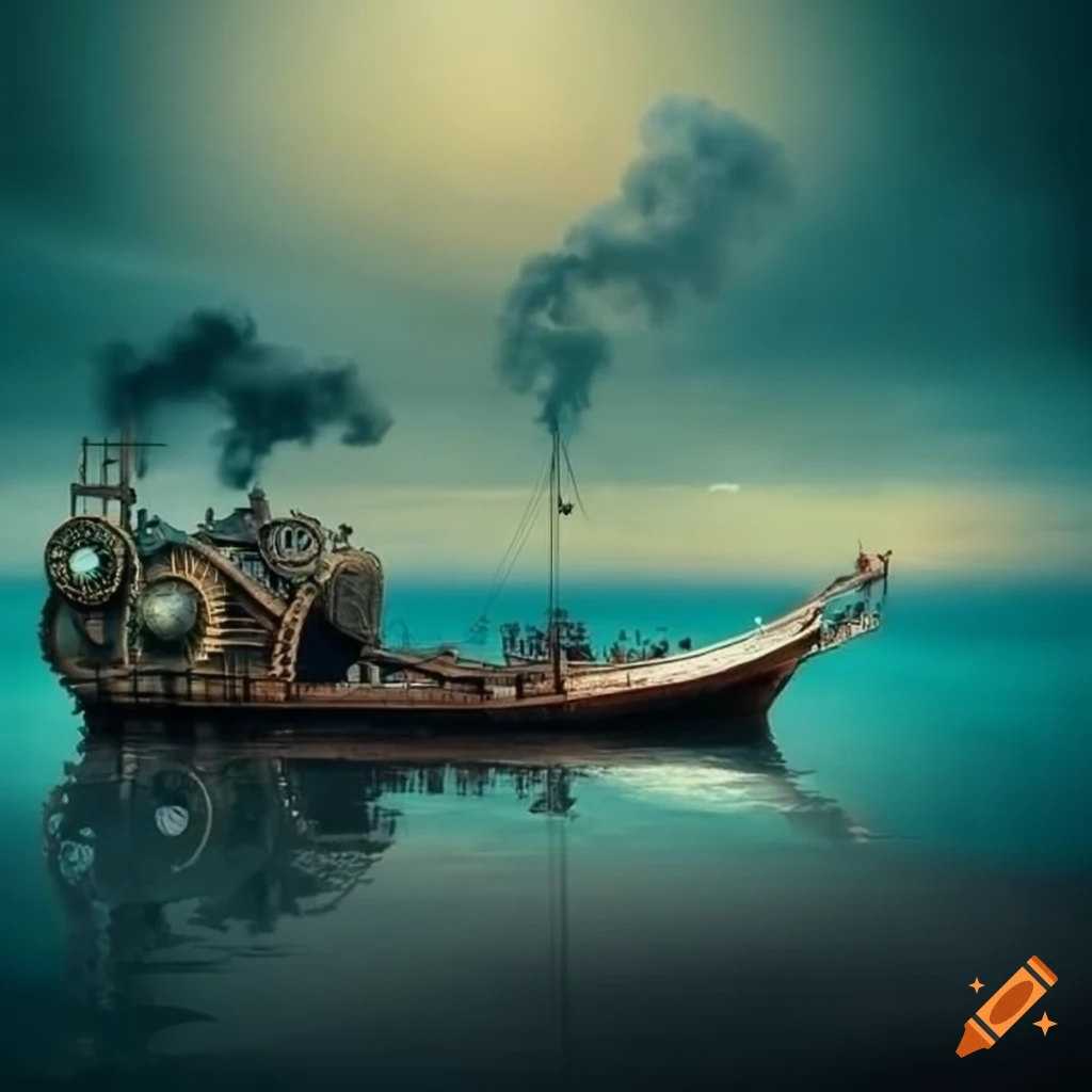 Surreal steampunk artwork of a boat on the sea on Craiyon